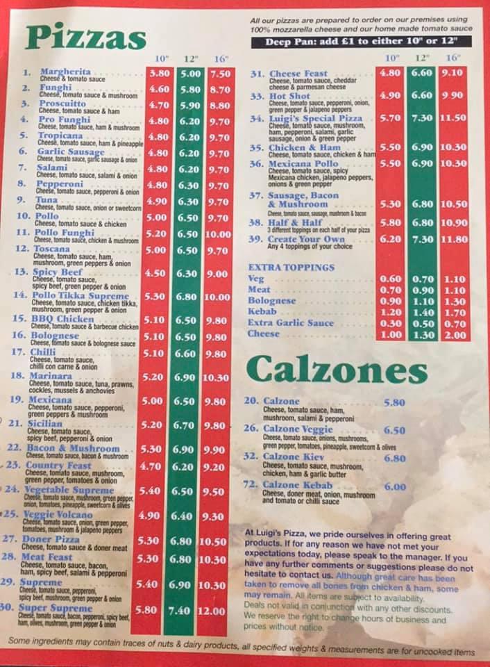Menu at Luigi's pizzeria, Barnsley