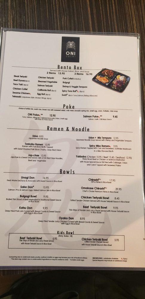 Menu at Oni sushi restaurant, Claremont