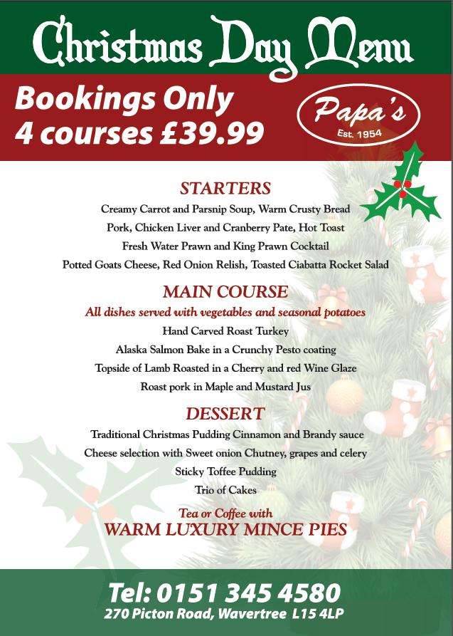 Menu at Papa's Cafe Bistro, Liverpool