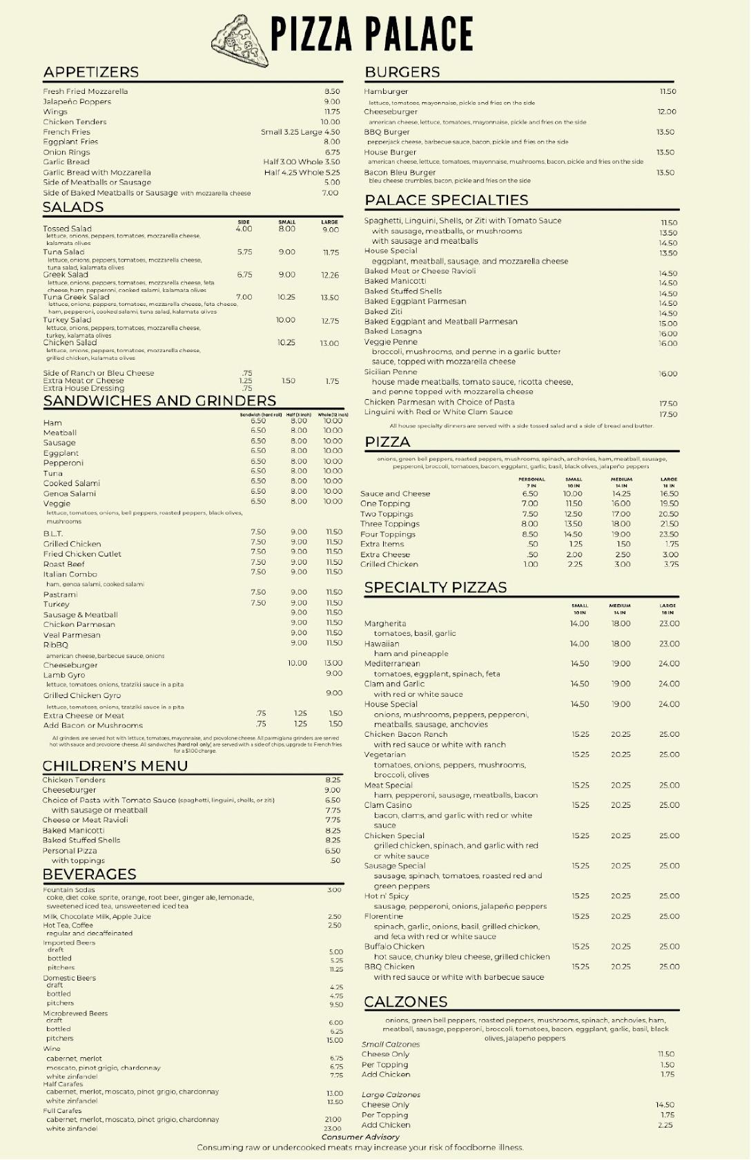 Menu at Pizza Palace pizzeria, Torrington