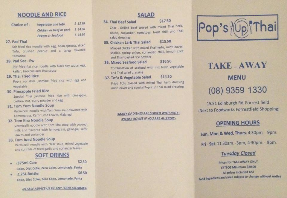 Menu at Pops Up Thai restaurant, Forrestfield