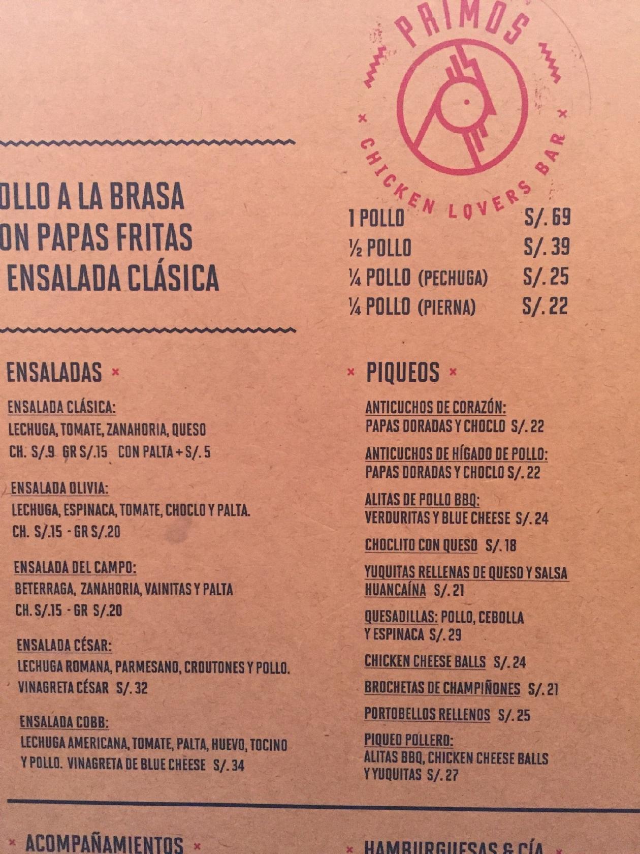 Carta de Primos Chicken Bar San Isidro, Lima