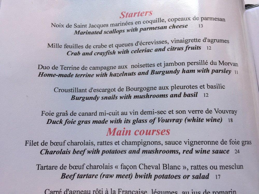 Menu at Restaurant le Cheval Blanc, Vézelay