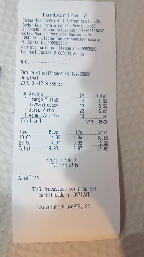 Menu at Tambarina, Lisbon, R. do Poço dos Negros 94
