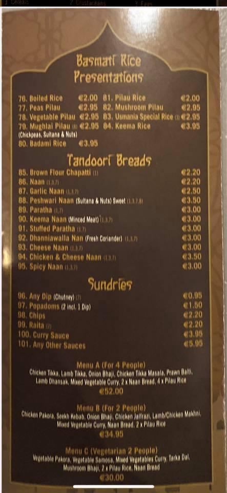 Menu at Usmania Indian Restaurant, Killarney