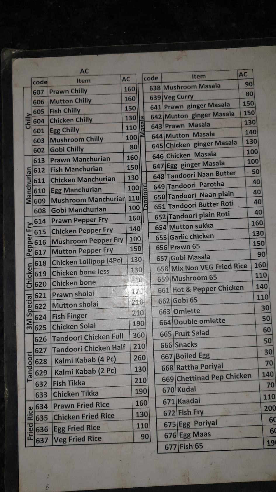 Menu at 3M Bar, Karaikudi