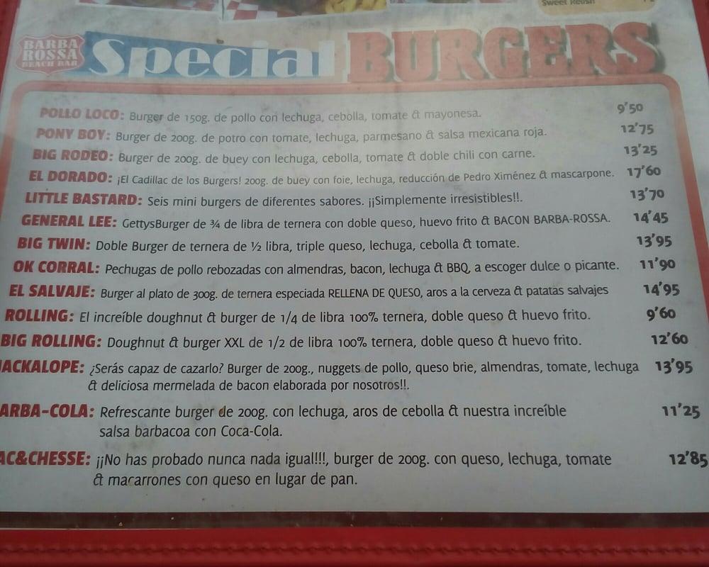 Carta de Barba-Rossa Beach Bar Castelldefels, Casteldefels