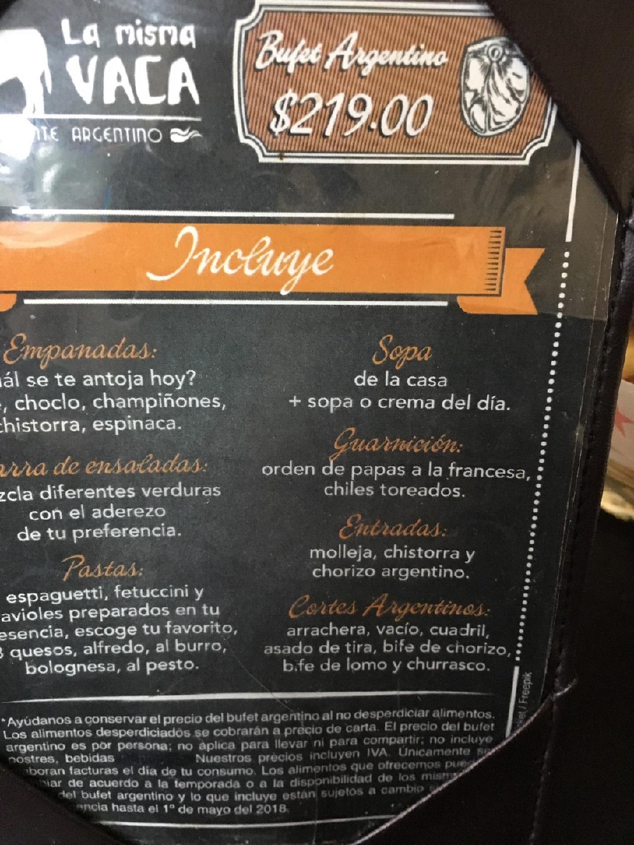 Menu at La Misma Vaca restaurant, Mexico City