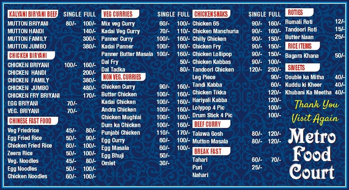 Menu at Metro Food Court, Hyderabad, Shop No 1