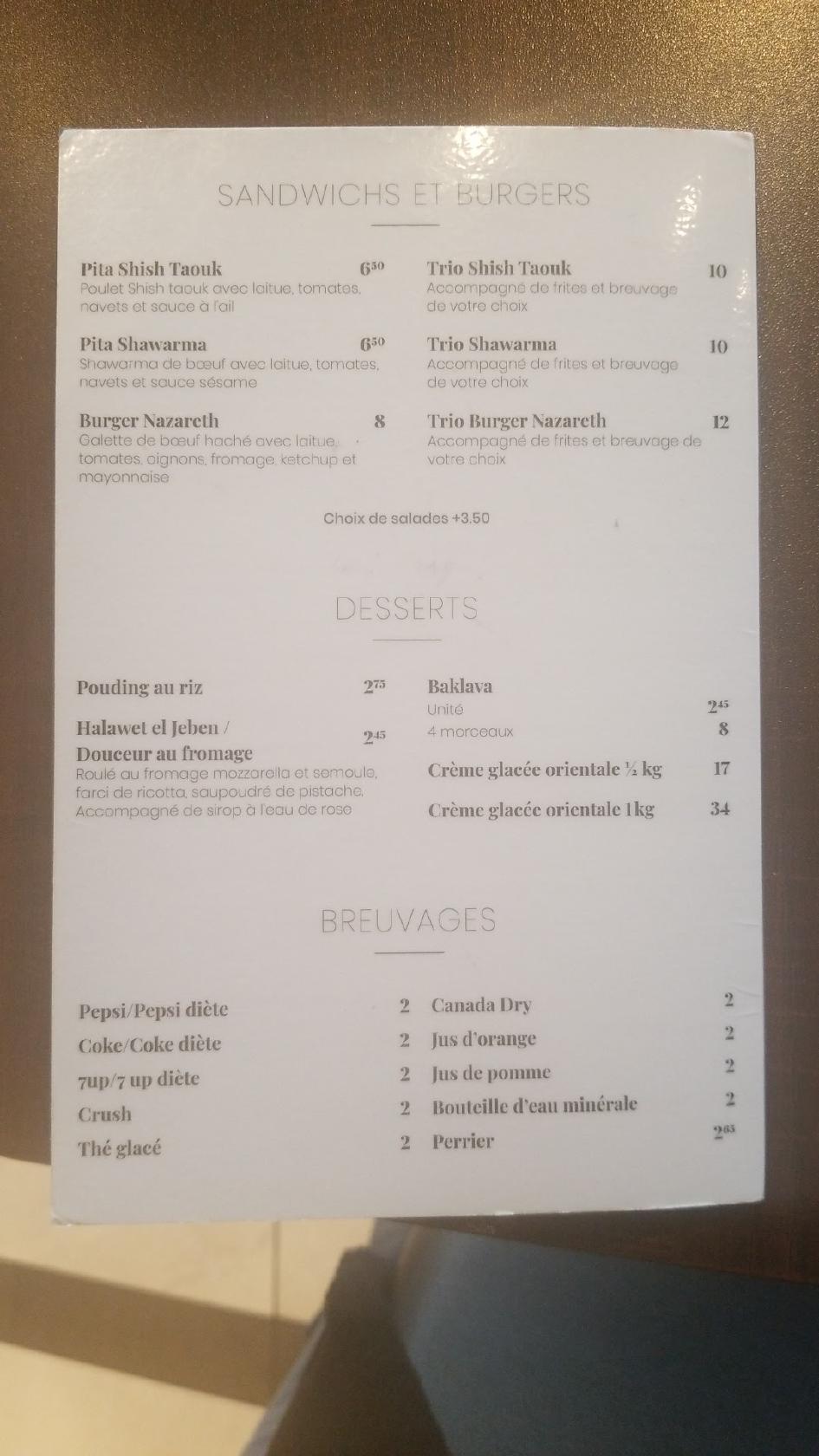 Menu at Nazareth restaurant, Laval, 550 Bd du Curé-Labelle