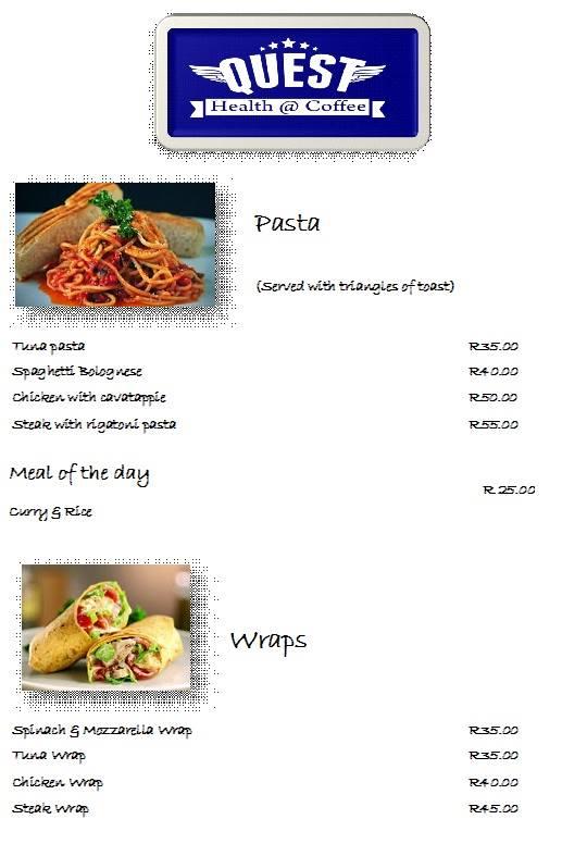 Menu at Quest Health at Coffee restaurant, Bloemfontein