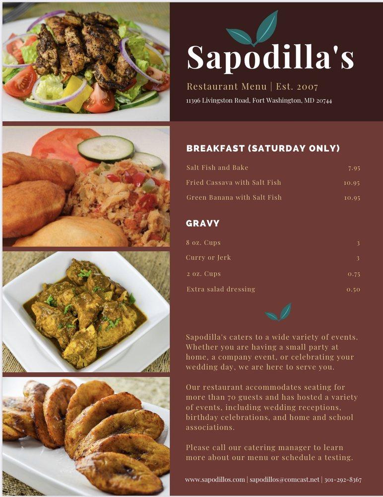 Carta de Sapodilla's Caribbean Restaurant and Catering, Fort Washington