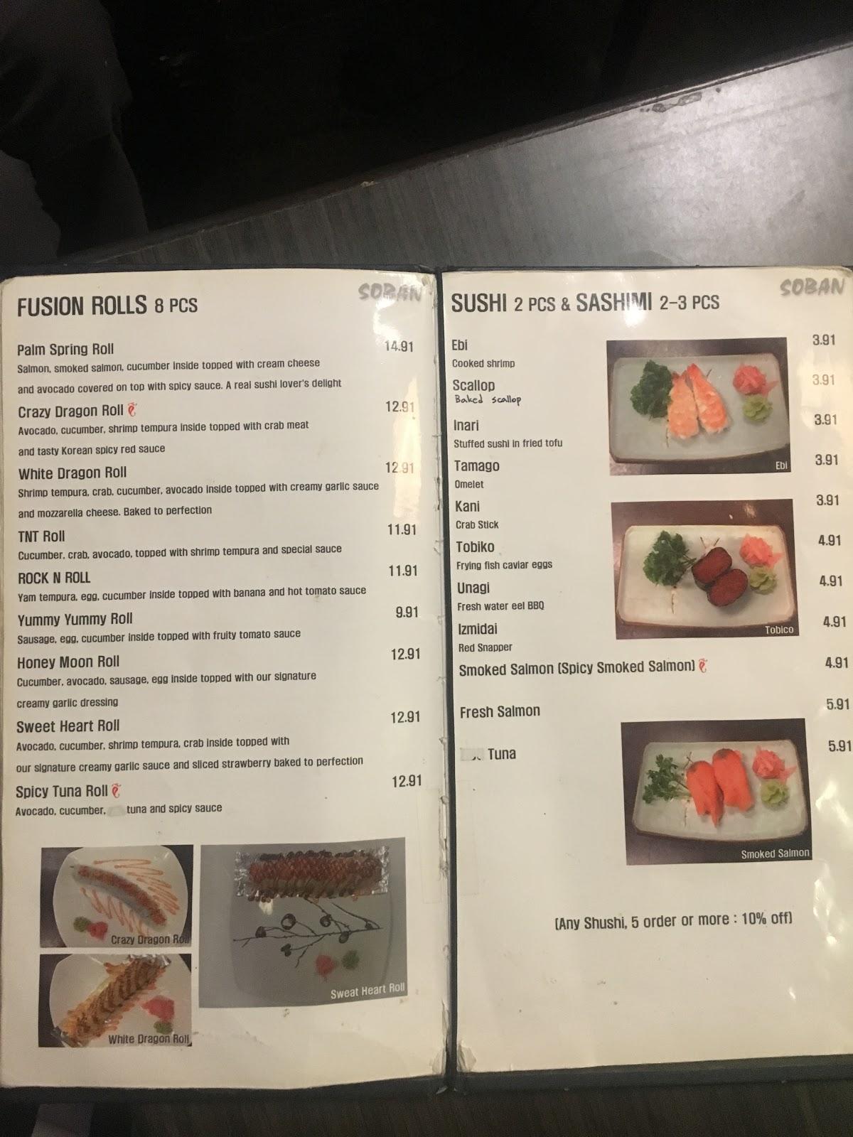 Menu at Soban Korean Japanese Cuisine restaurant, Whitecourt