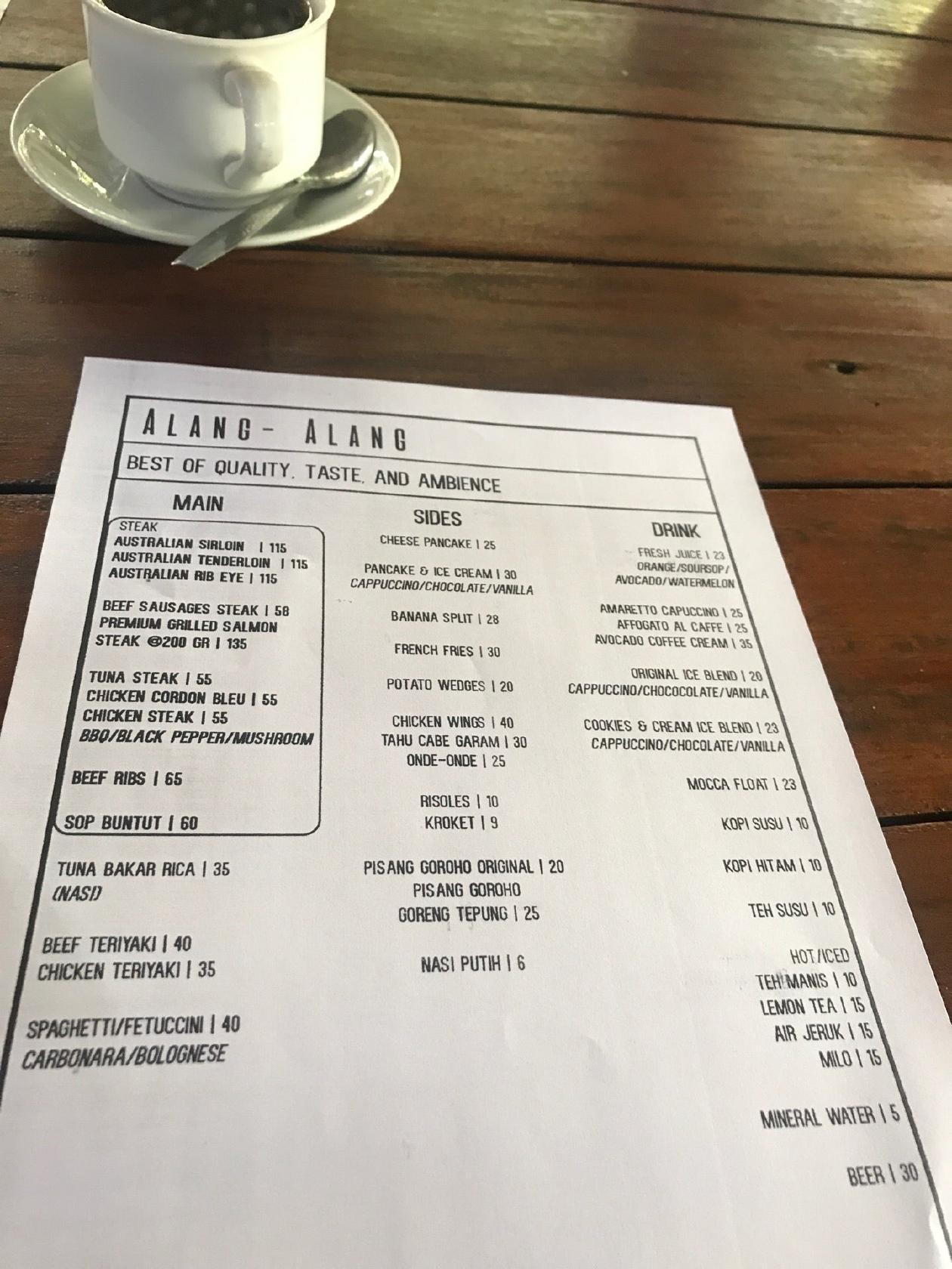 Menu at Alang Alang Cafe & Resto, Tomohon