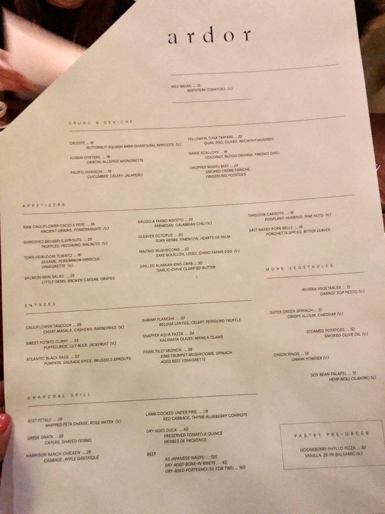 Menu at Ardor restaurant, West Hollywood, Sunset Blvd