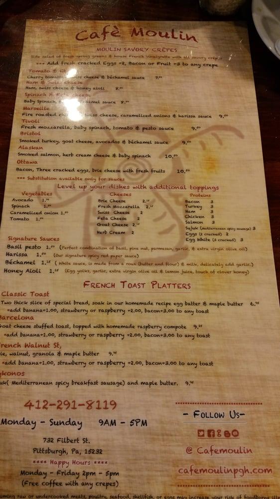 Menu at Cafe Moulin, Pittsburgh
