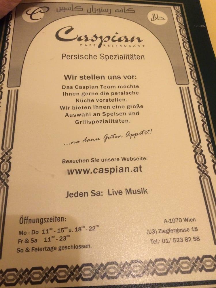 Menu at Cafe Restaurant Caspian, Vienna