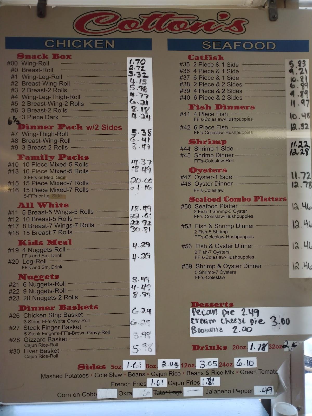 Menu at Cotton's Fried Chicken restaurant, Minden