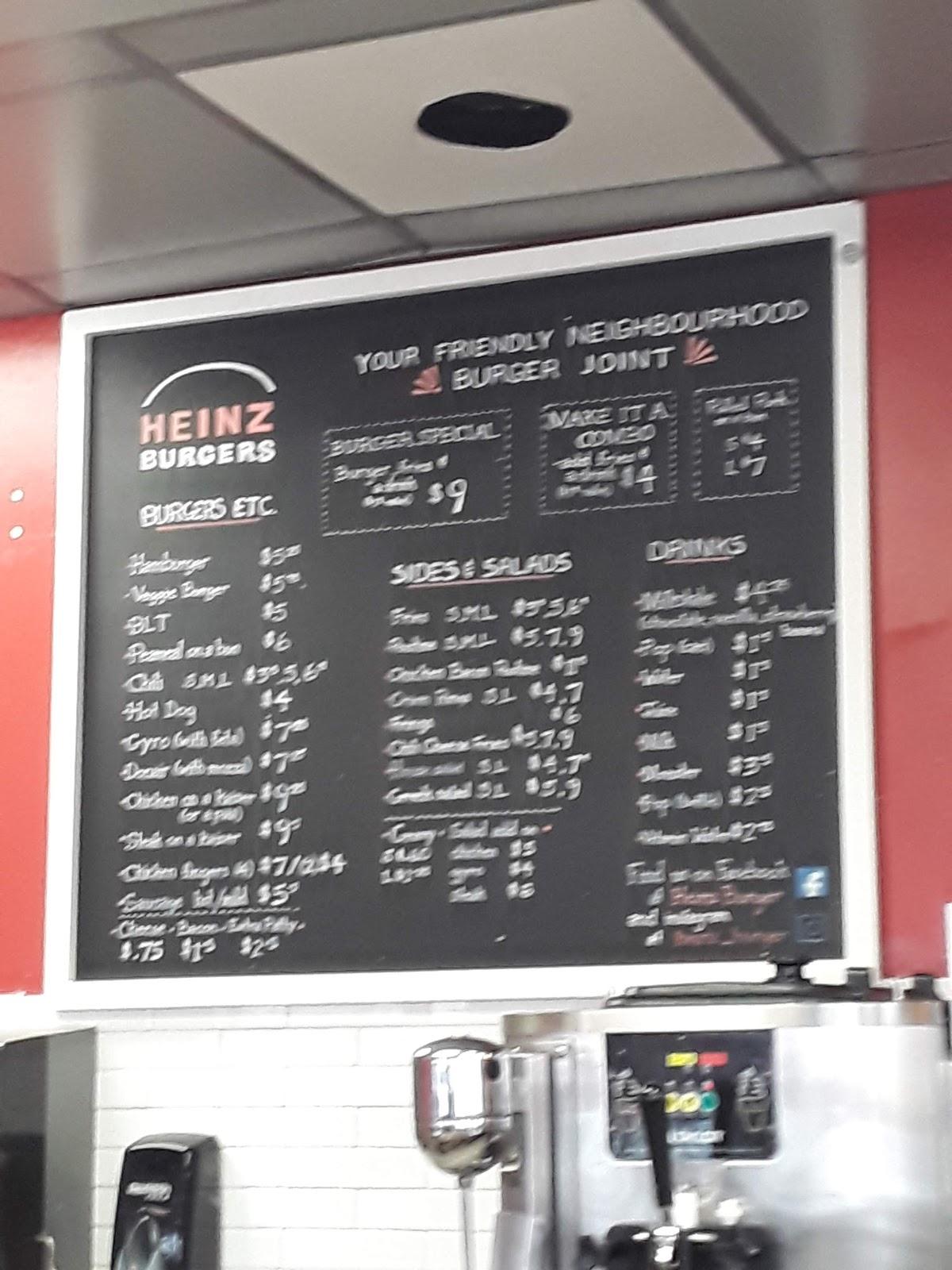 Menu at Heinz Burger Co. restaurant, Barrie