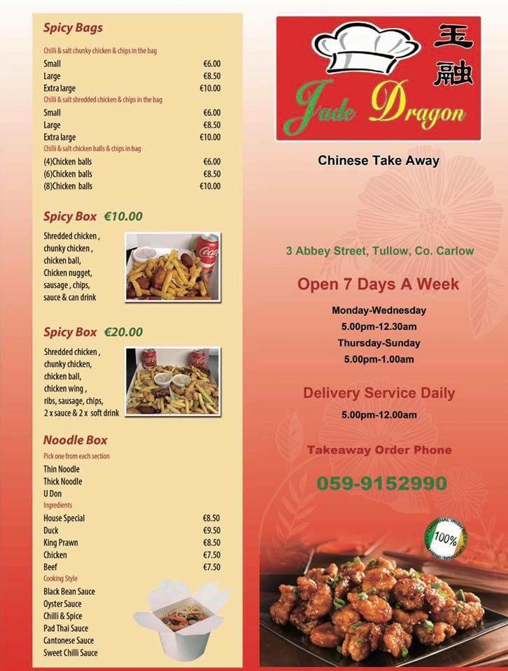 Menu at Jade Dragon Chinese Take Away fast food, Tullow