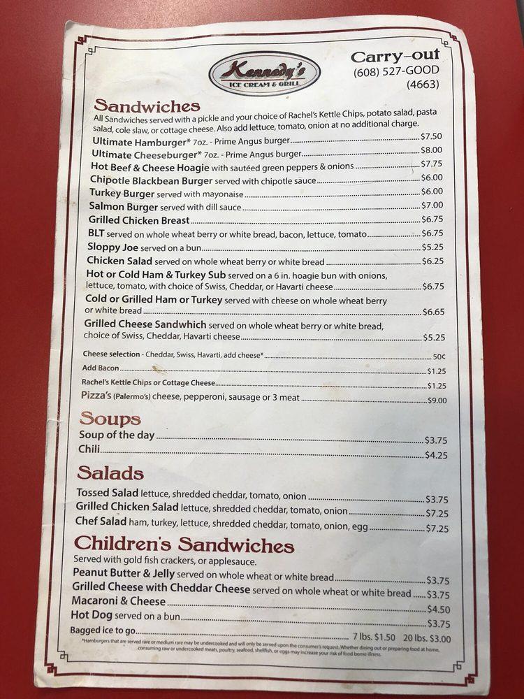 Menu at Kennedy's Ice Cream And Grill restaurant, New Glarus