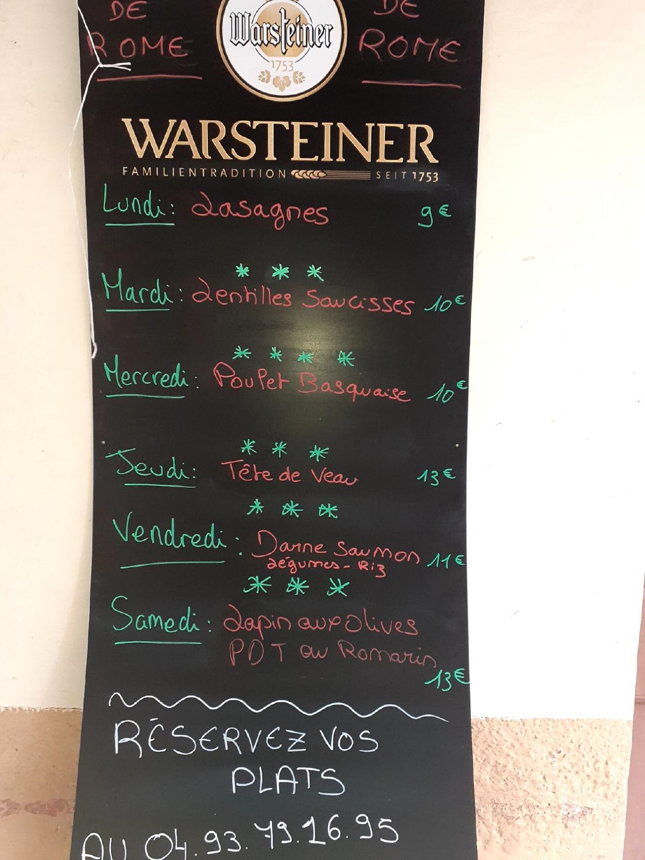 Menu au Le Bar de Rome, Sospel