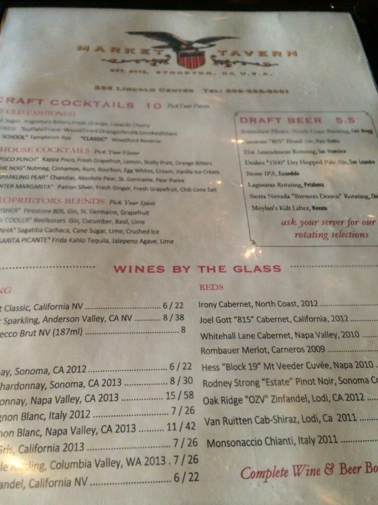 Menu at Market Tavern pizzeria, Stockton
