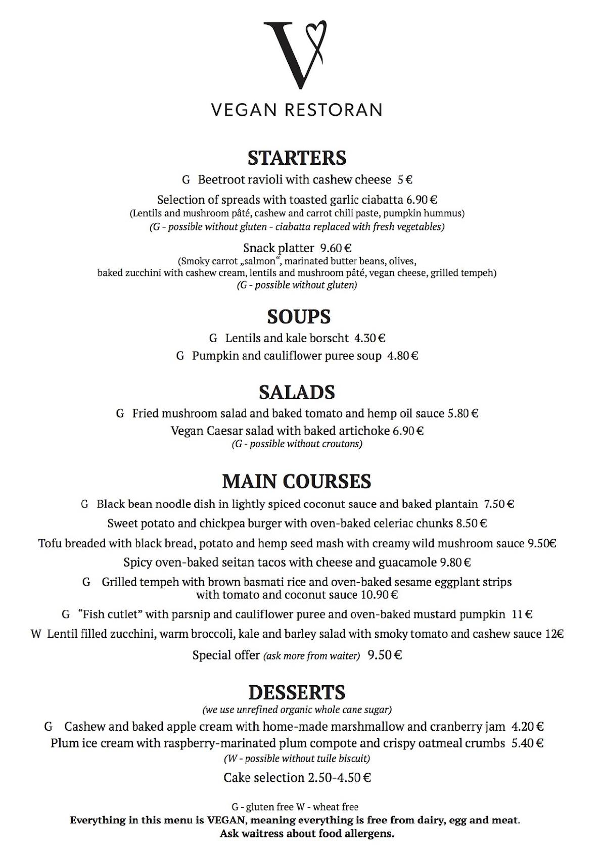 Menu at Vegan Restoran V restaurant, Tallinn
