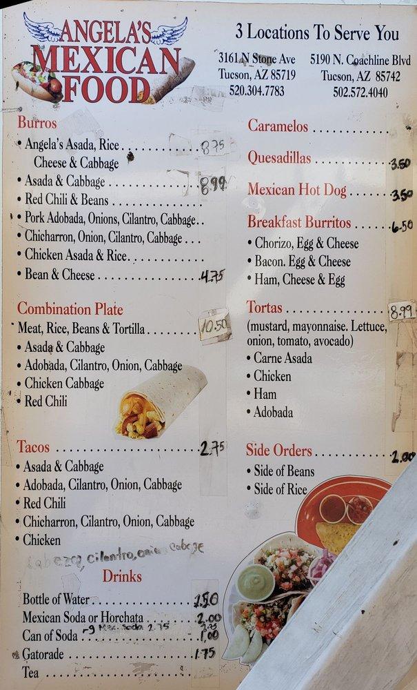 Menu at Angela's Mexican Food restaurant, Tucson, N Stone Ave