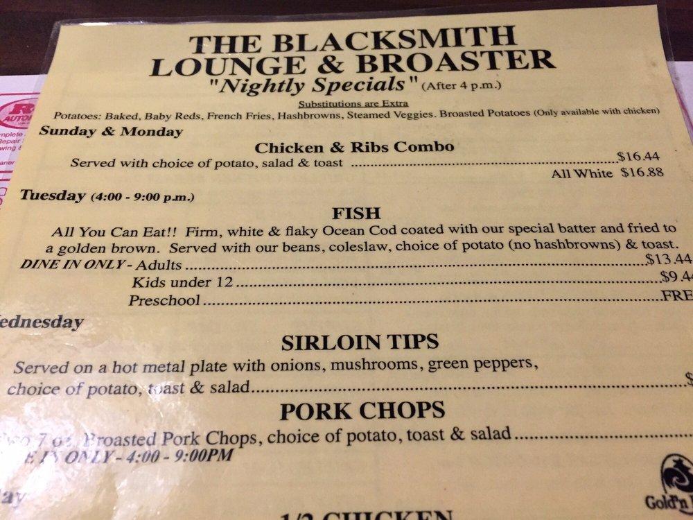 Menu at Blacksmith Lounge & Broaster restaurant, Hugo