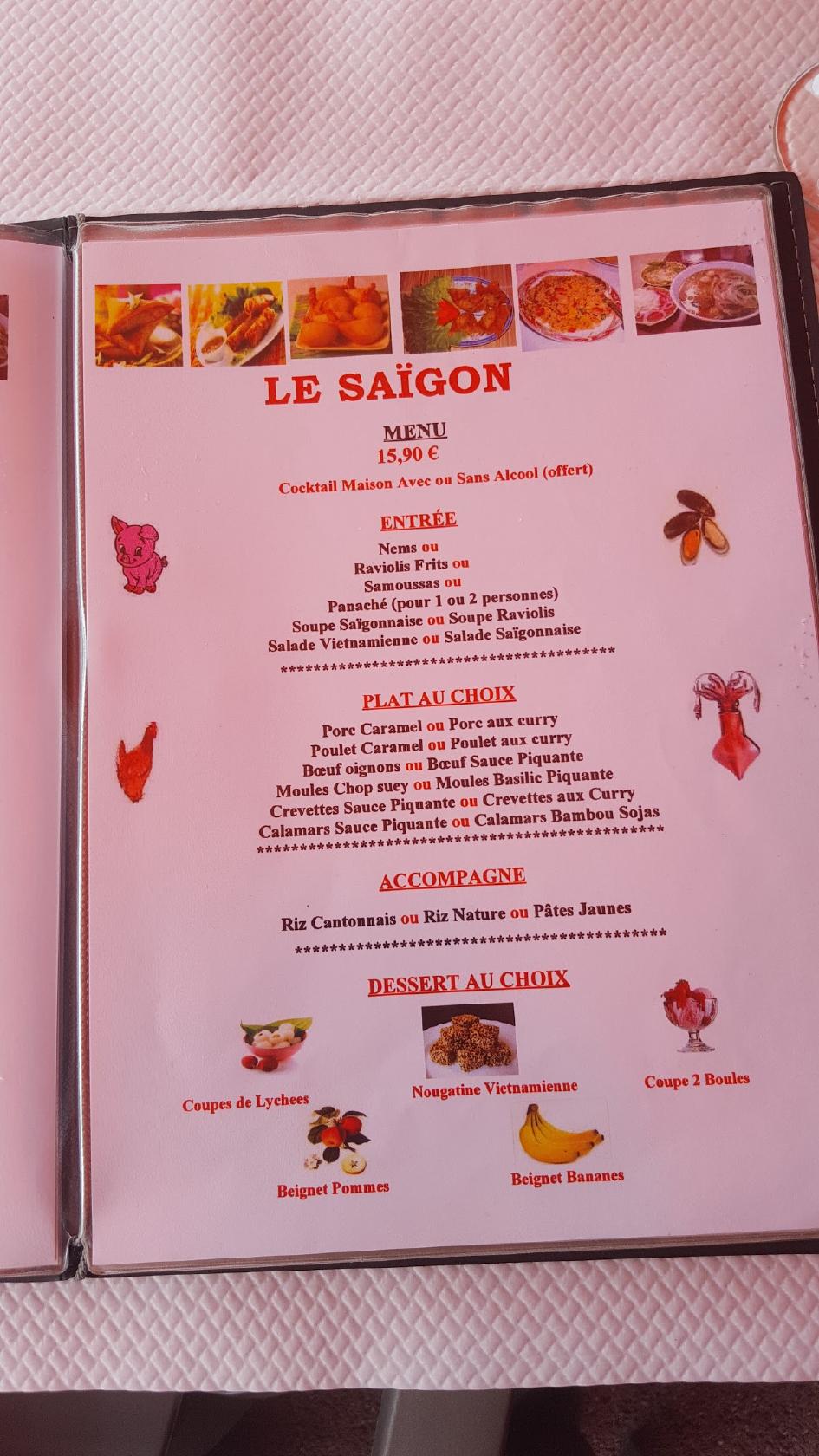 Menu au Le Saigon restaurant, Fréjus