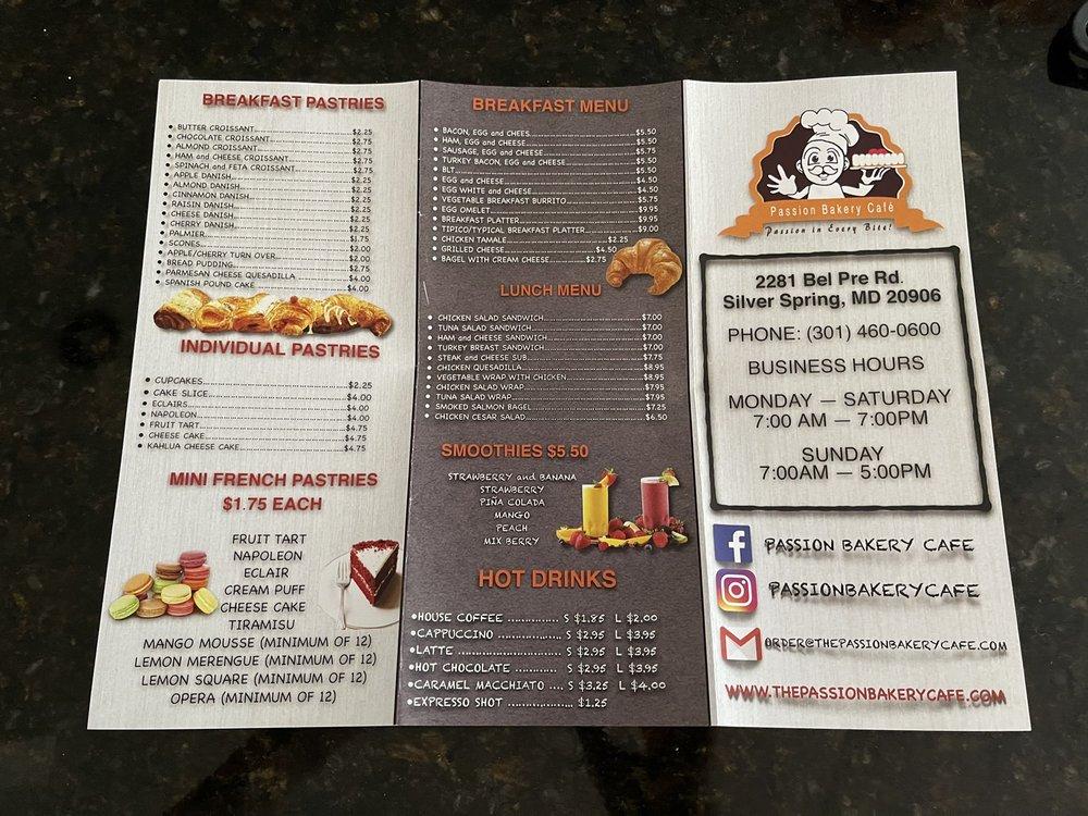 Menu at Passion Bakery Cafe, Aspen Hill