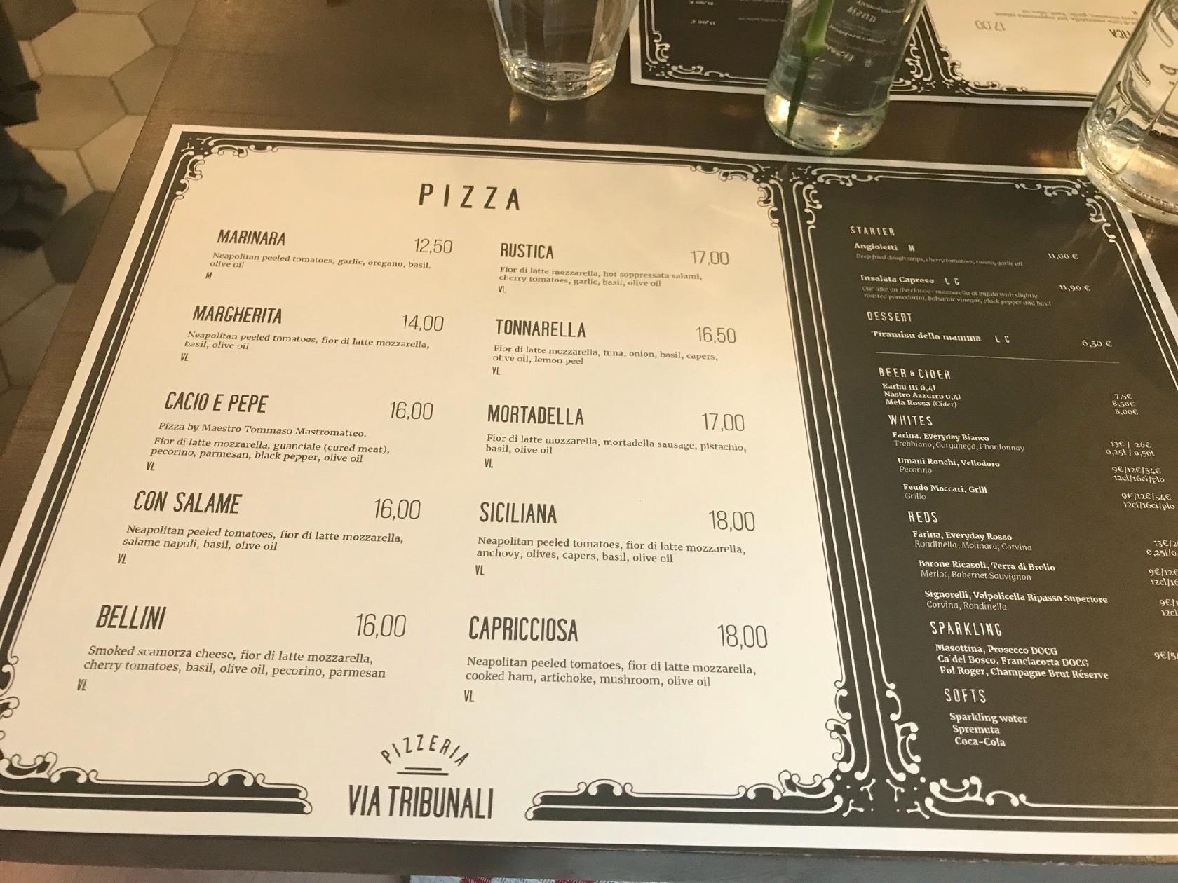 Menu at Pizzeria Via Tribunali, Helsinki, Sofiankatu 4