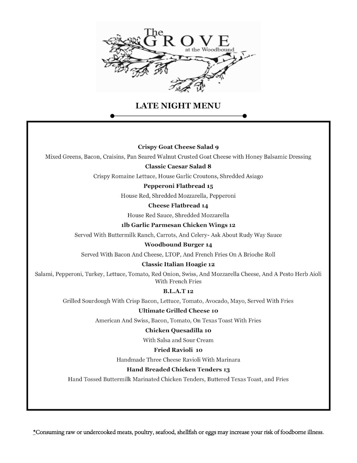 Menu at The Grove At Woodbound Inn restaurant, Rindge
