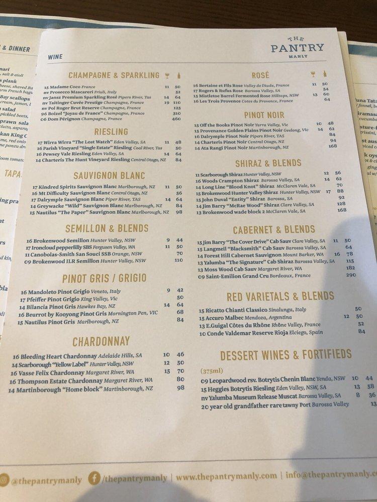 Menu at The Pantry Manly restaurant, Manly