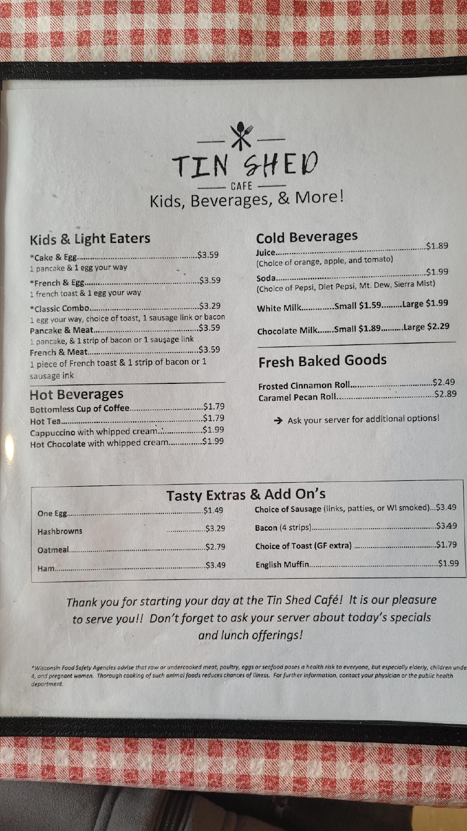 Menu at Tin Shed Cafe, Frederic