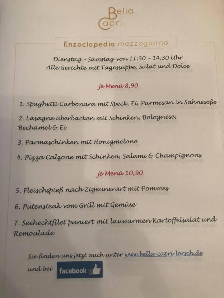 Speisekarte von Ristorante Bella Capri restaurant, Lorsch