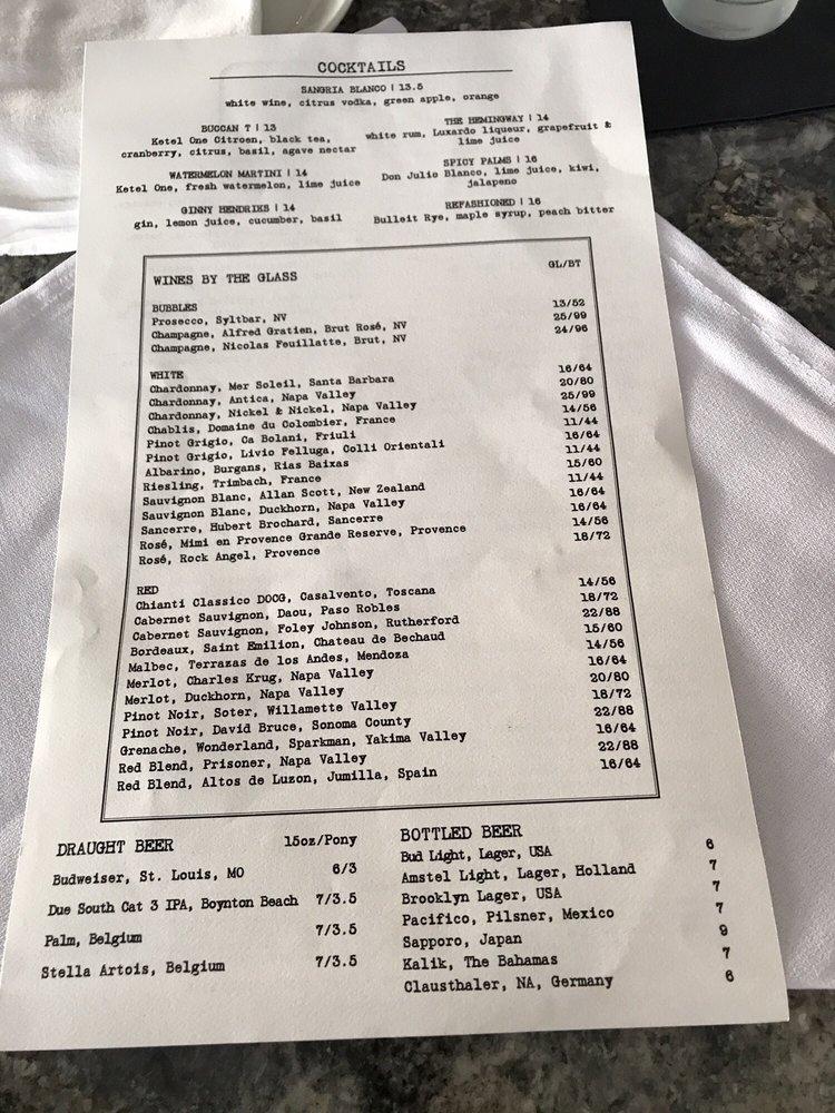 Menu at Buccan restaurant, Palm Beach