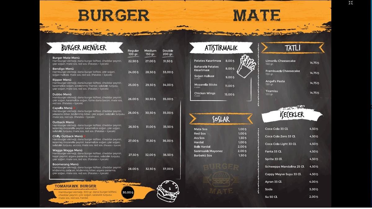 Menu at Burger Mate, Istanbul