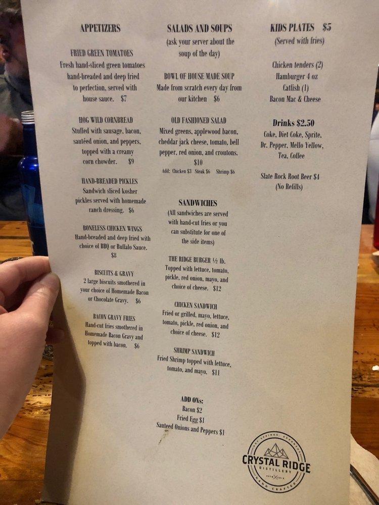 Carta del pub y bar Crystal Ridge Distillery, Hot Springs