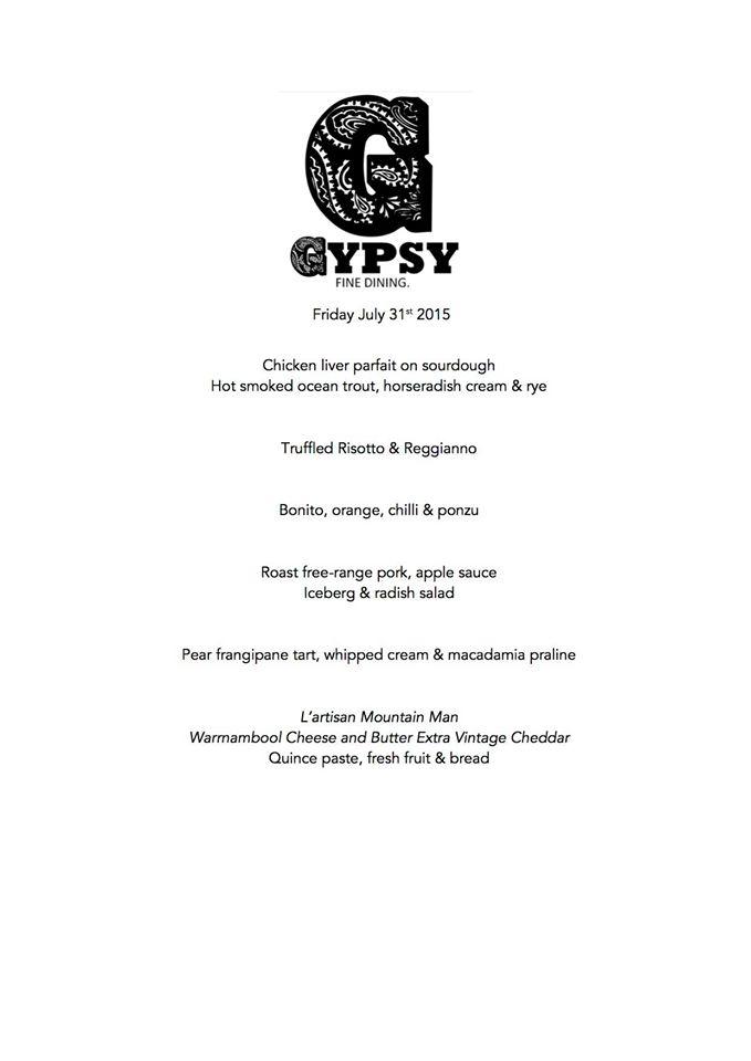 Menu at Gypsy. Fine Dining restaurant, Kensington