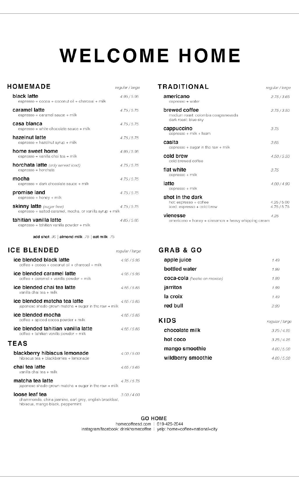Menu at Home Coffee cafe, National City