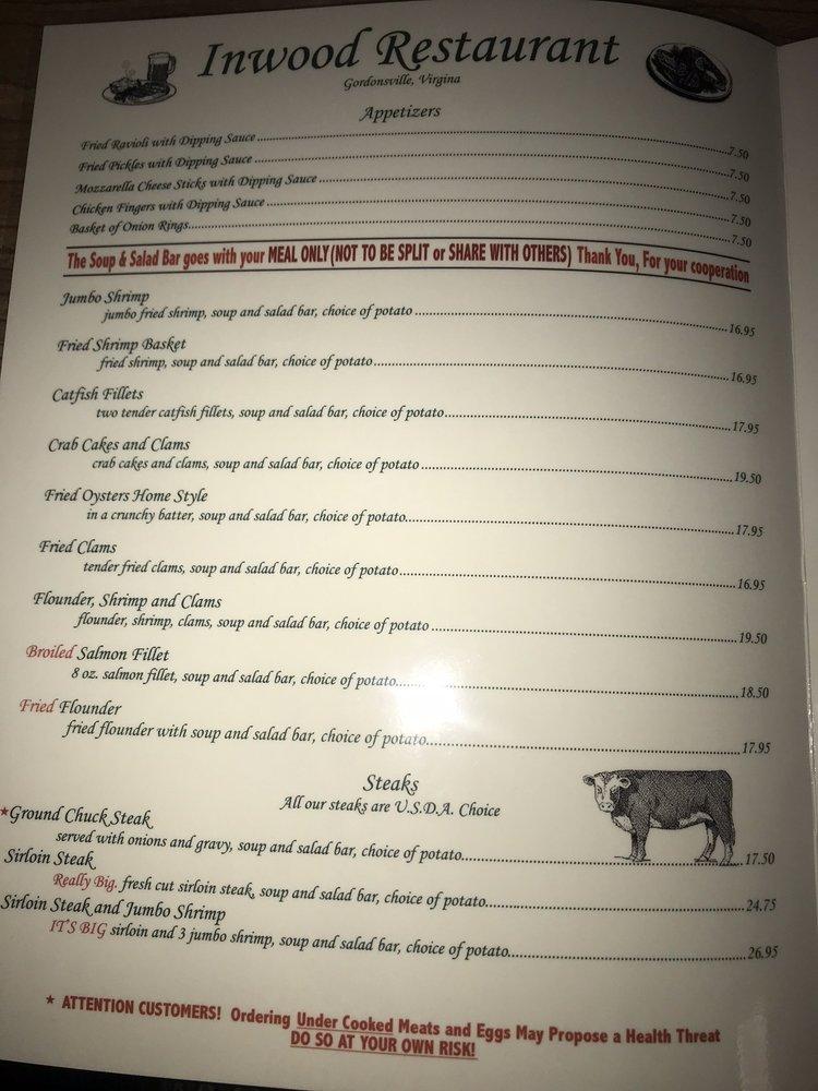 Menu at Inwood Restaurant, Gordonsville