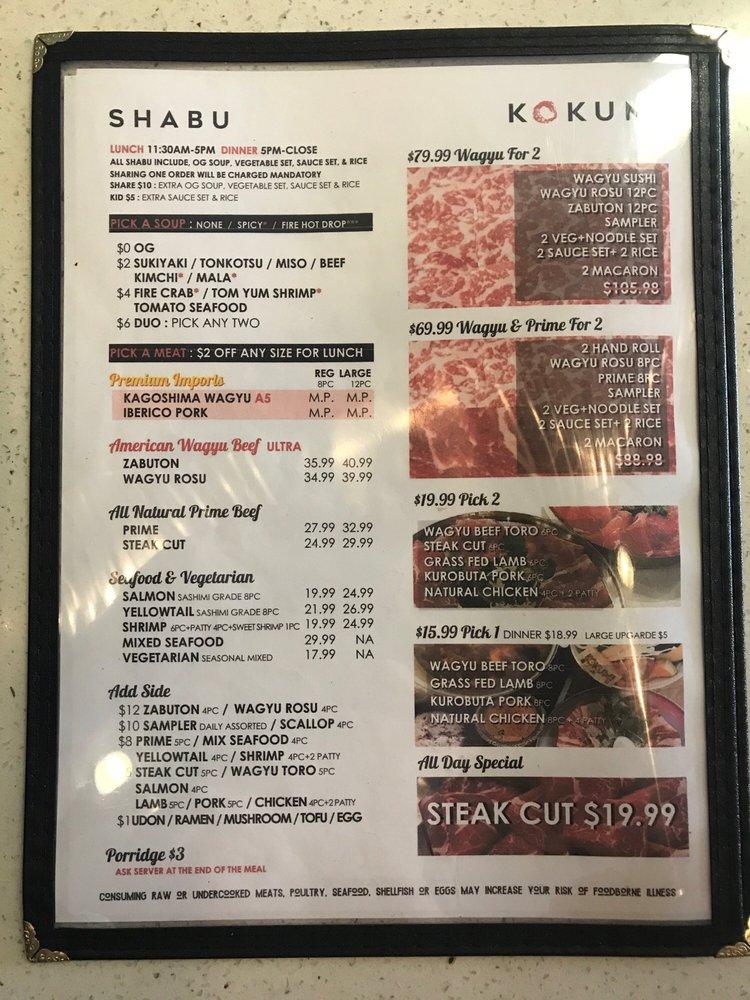 Menu at Kokumi restaurant, Arcadia