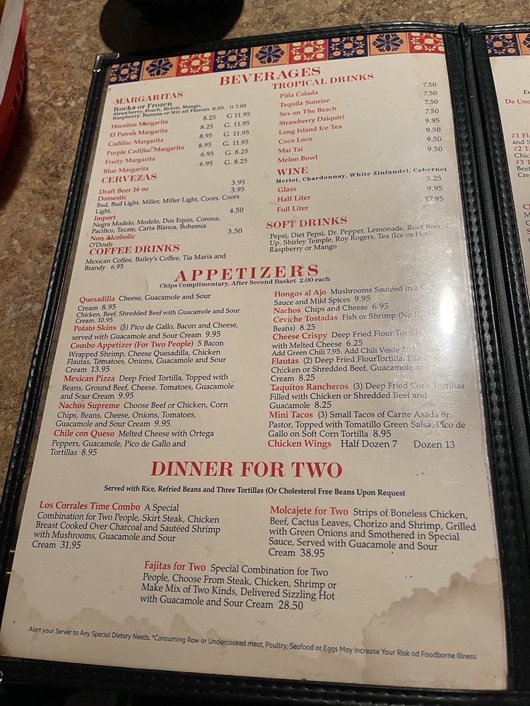 Menu at Los Corrales restaurant, Pinetop-Lakeside