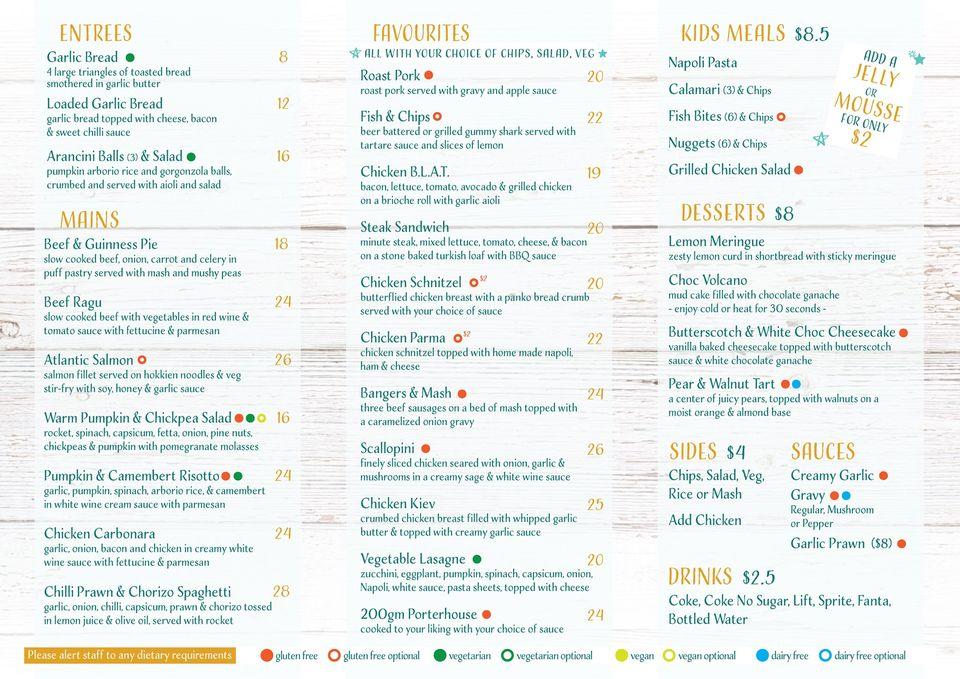 Menu at Moe Racing Club, Moe