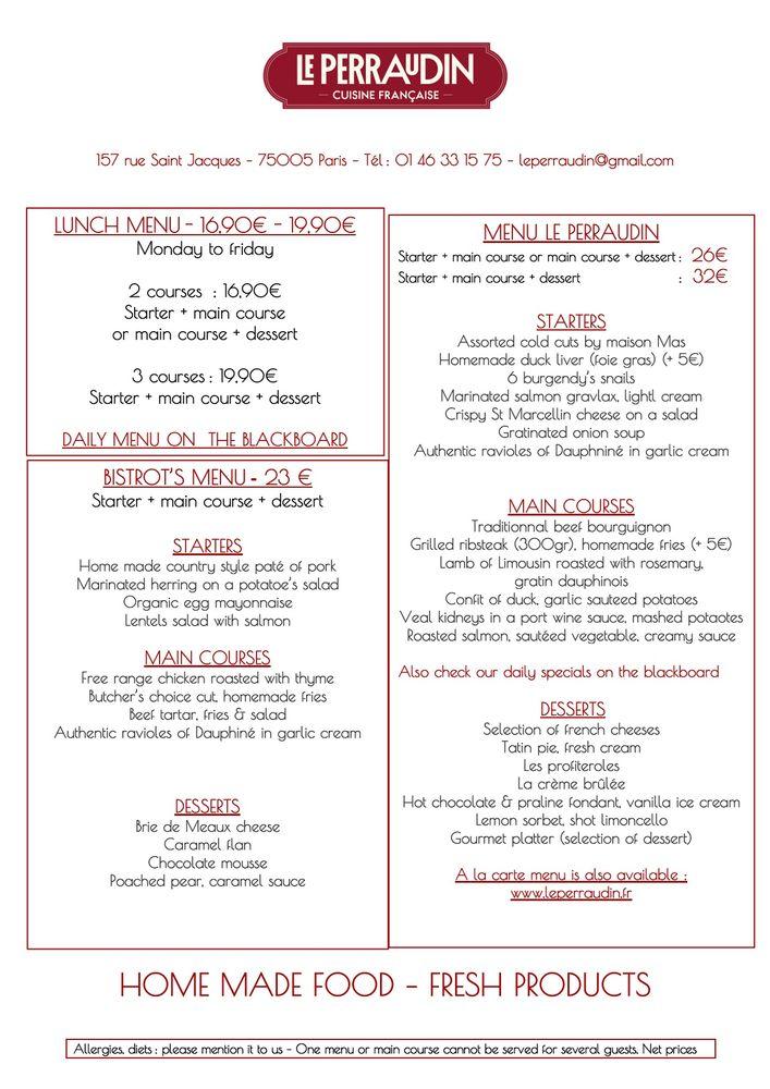 Menu at Perraudin restaurant, Paris