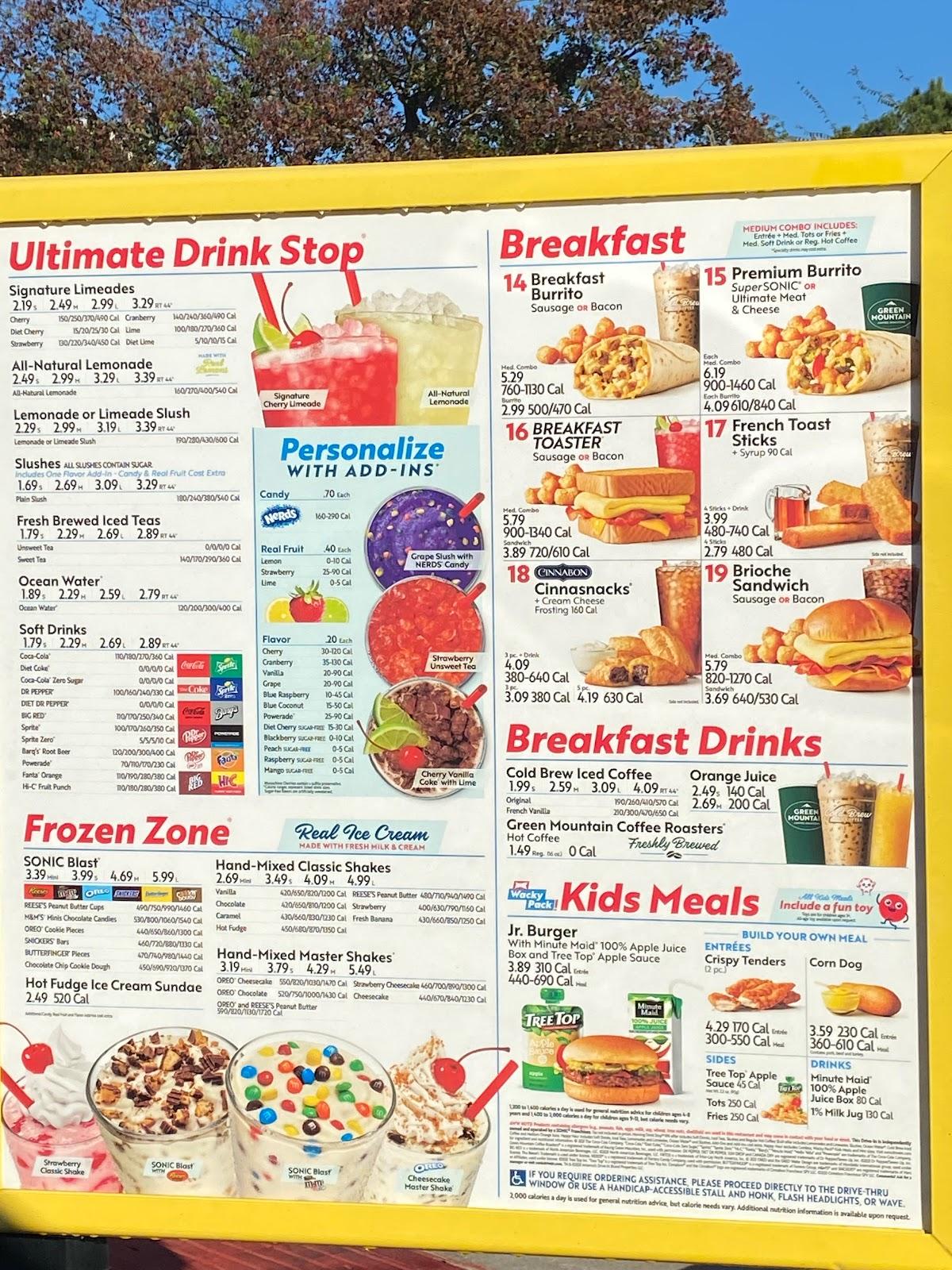 Menu at Sonic Drive-In fast food, Houston, Bay Area Blvd