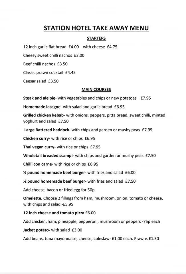 Menu at Station Hotel restaurant, Patrington