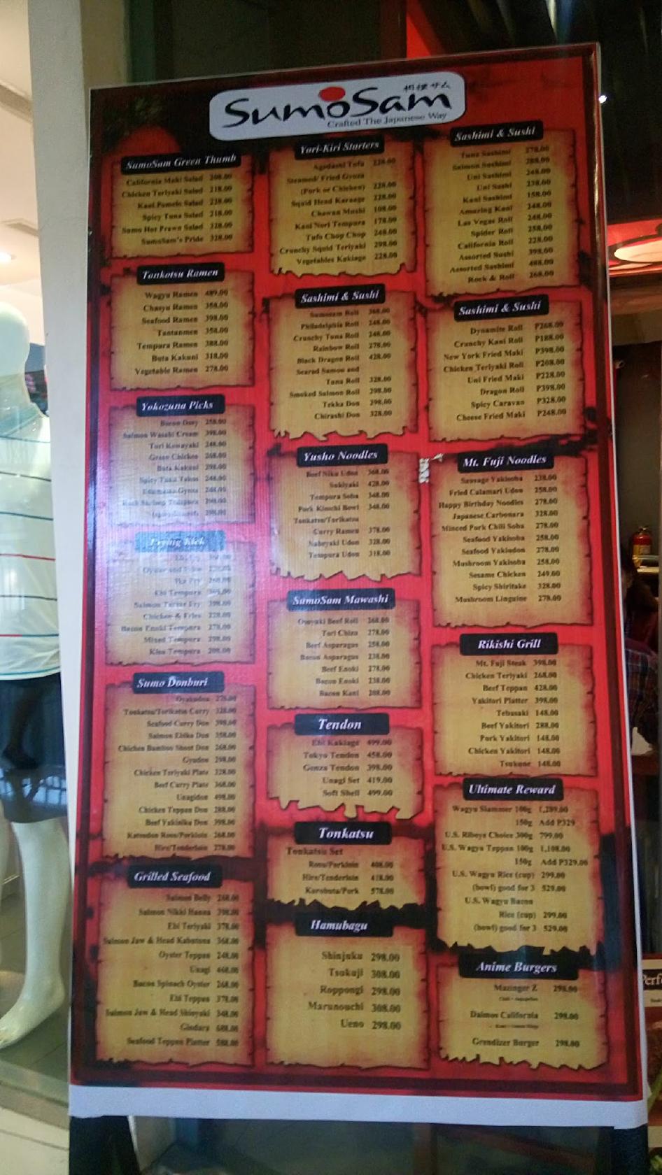 Menu at Sumo Sam restaurant, Davao City, 2 J.P. Laurel Ave